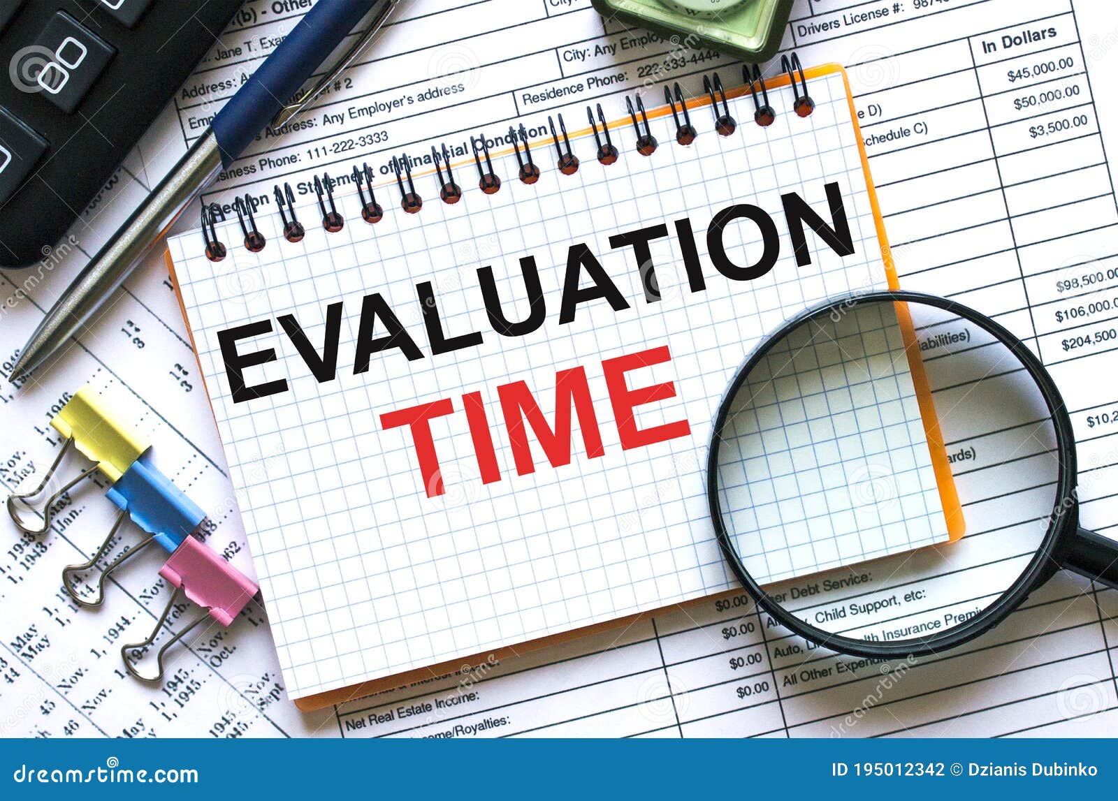 Text Evaluation Time on Notepad with Calculator, Clips, Pen on ...