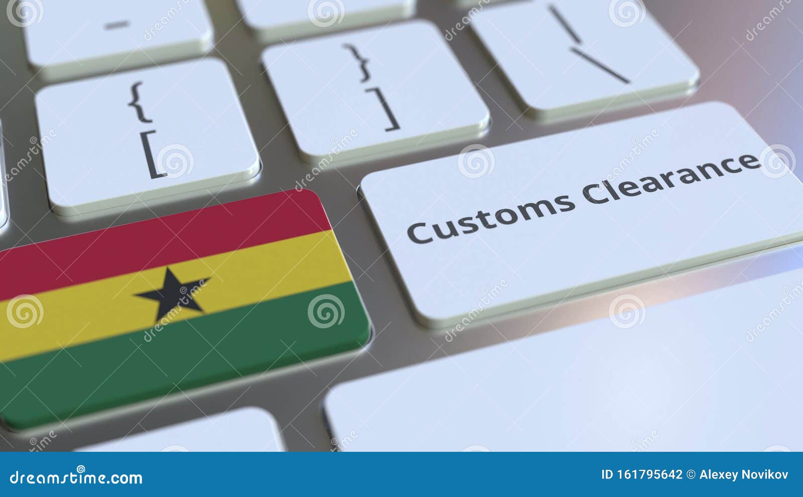 CUSTOMS CLEARANCE Text and Flag of Ghana on the Buttons on the Computer ...