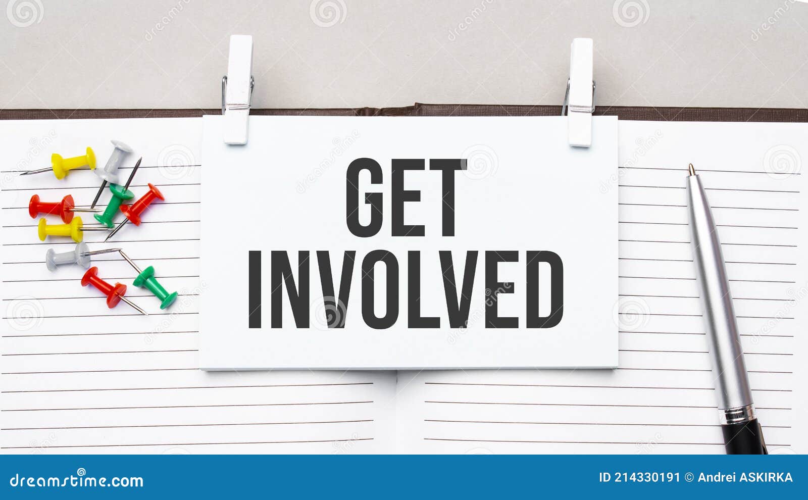 Text GET INVOLVED on Stickers on the Diary with Office Tools Stock ...