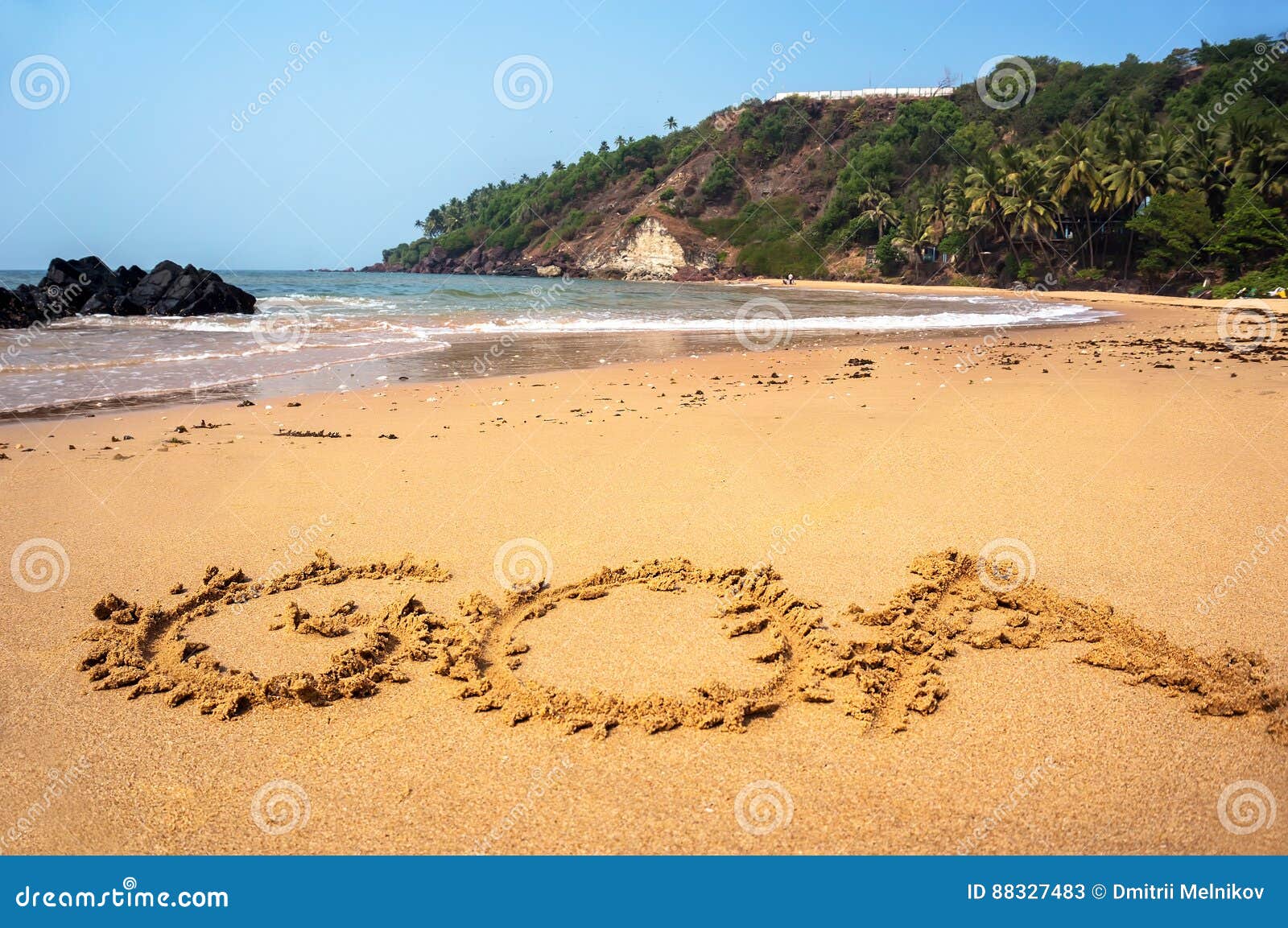 Text GOA on the Sand on the Beach on the Background of Blue Sea Stock ...