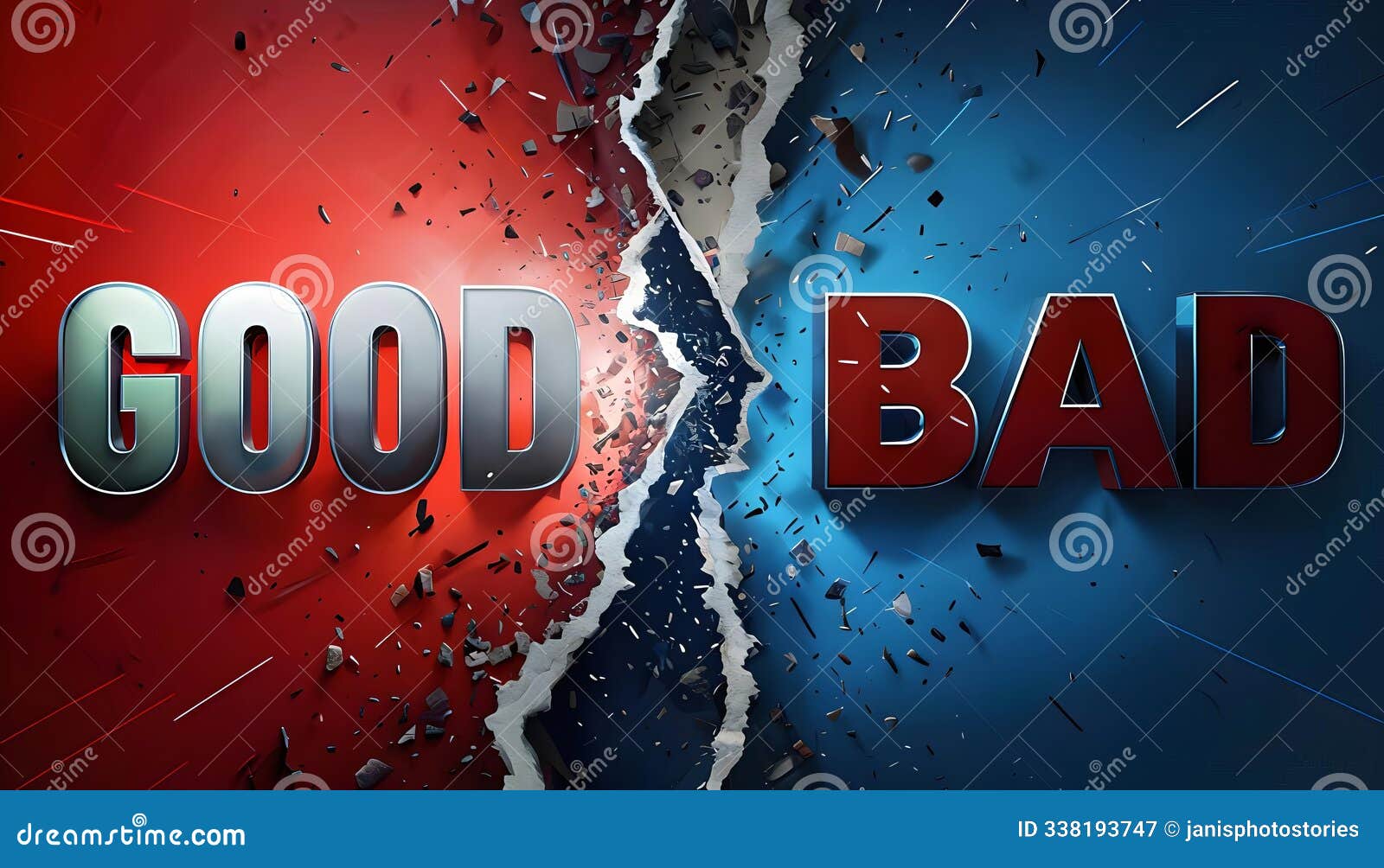 Text GOOD Vs BAD Split in Dramatic Red and Blue Shatter, Conceptual ...