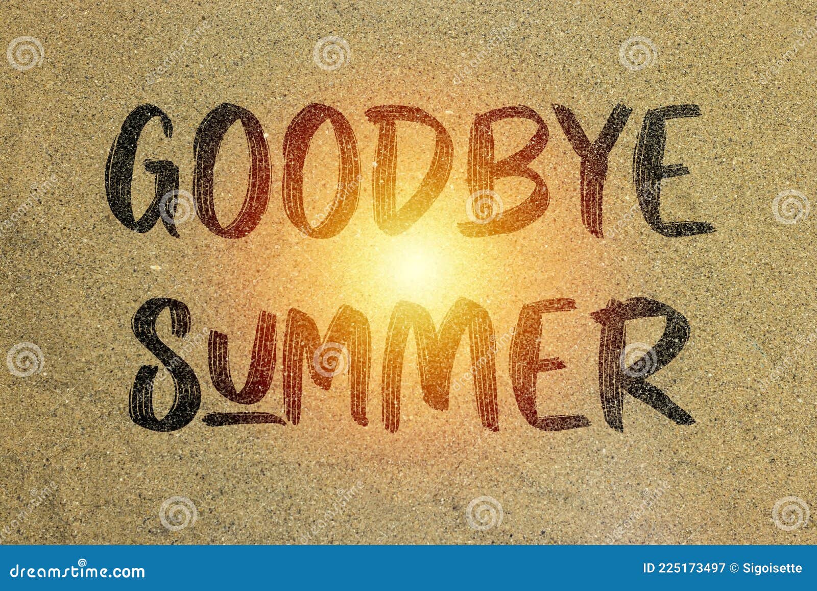 Text Goodbye Summer on Beach with Sun Effect Stock Image - Image of ...