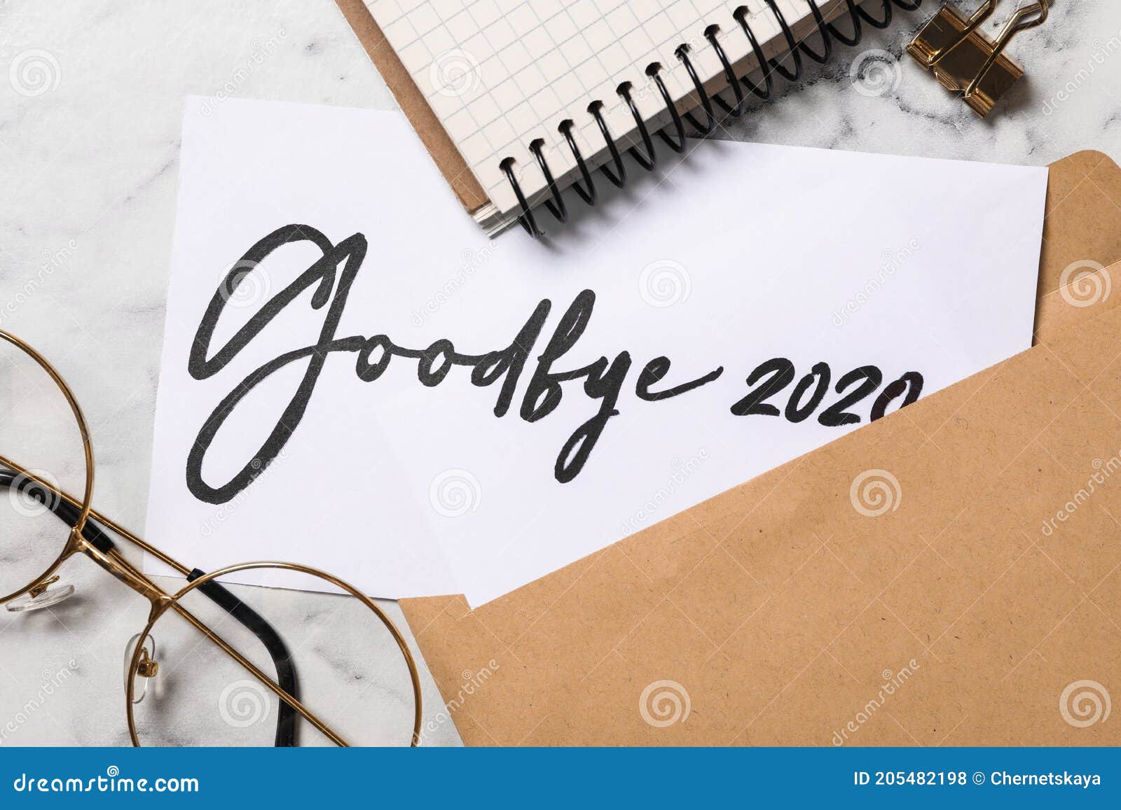 Text Goodbye 2020 Written on Sheet of Paper on White Marble Table, Flat ...
