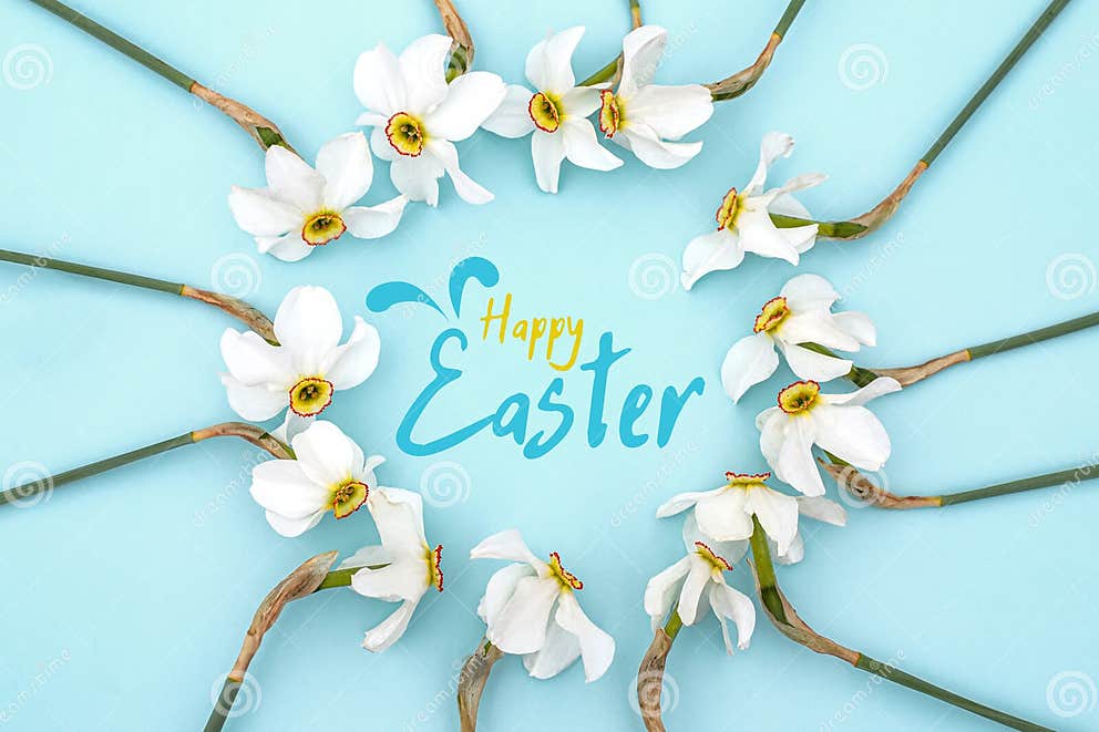 Text HAPPY EASTER. Round Frame with Spring Flowers. Flowers Daffodils ...