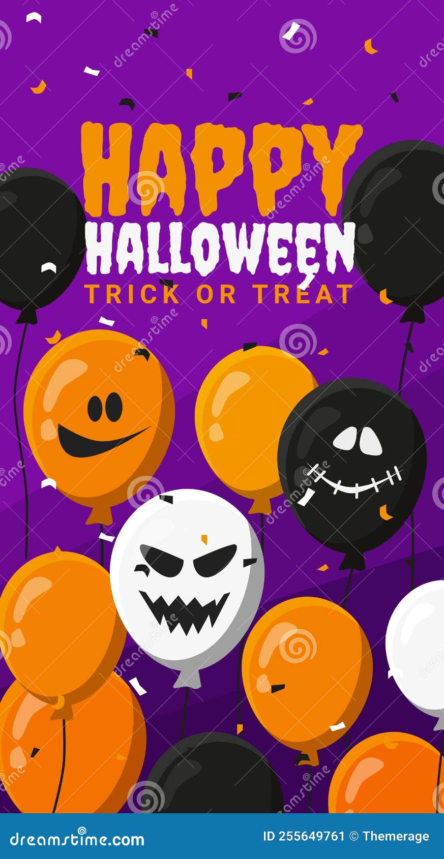 Text Happy Halloween And Trick Or Treat Balloons And Confetti Stock