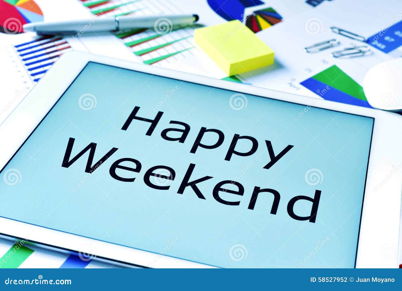 Text Happy Weekend in the Screen of a Tablet Stock Photo - Image of ...