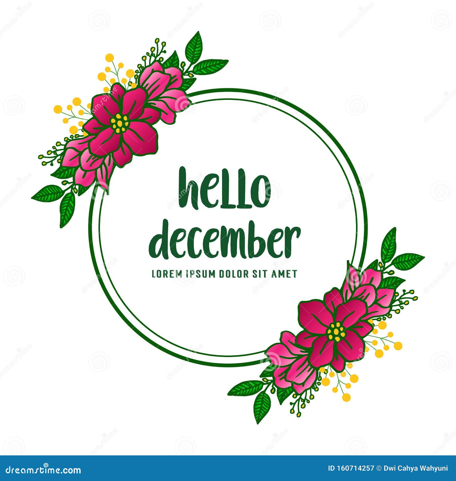 Text Hello December, with Sketch Drawing of Pink Wreath Frame. Vector ...