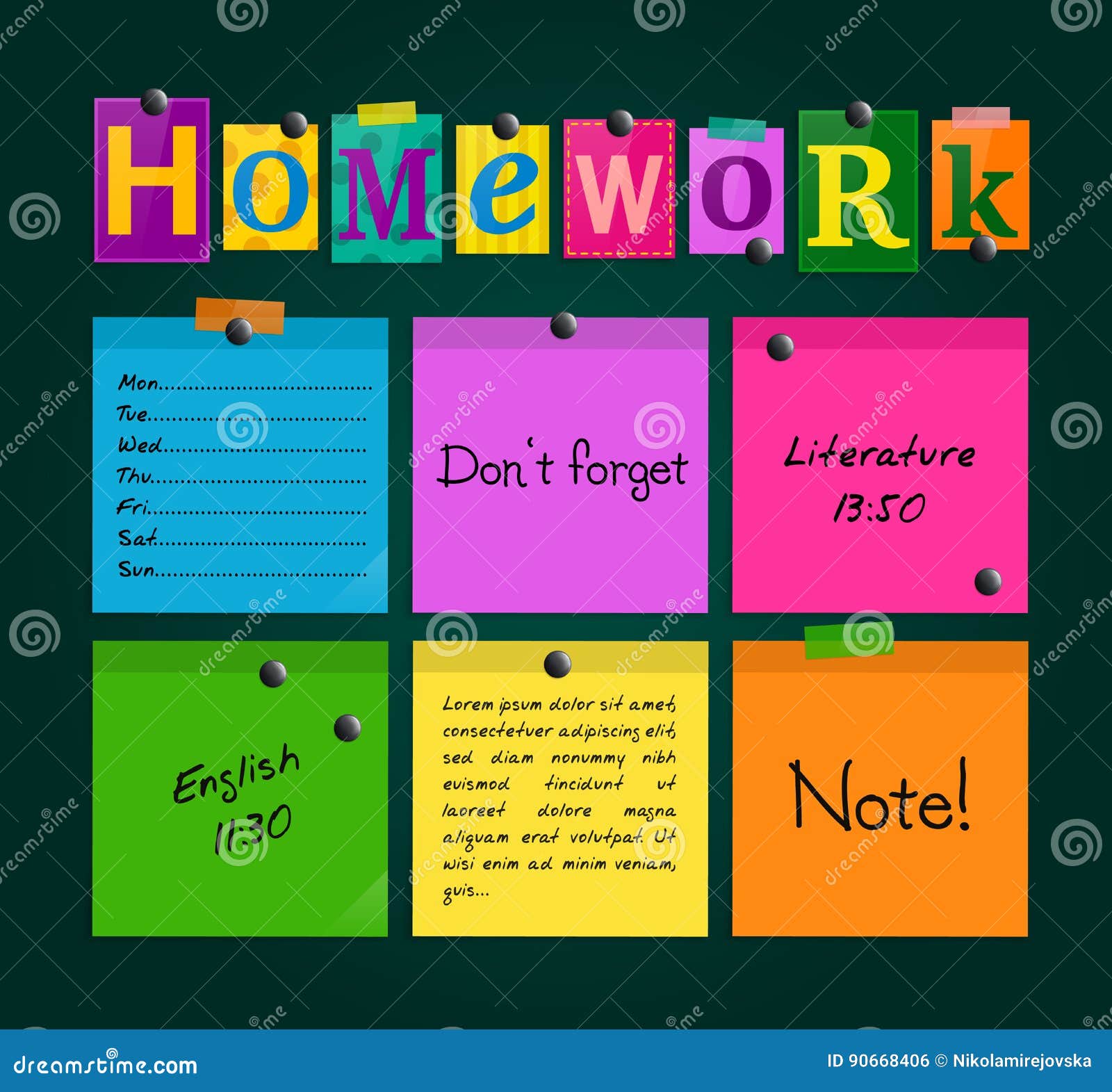 Text Homework and Colorful Sticky Paper Attached To a Blackboard with ...