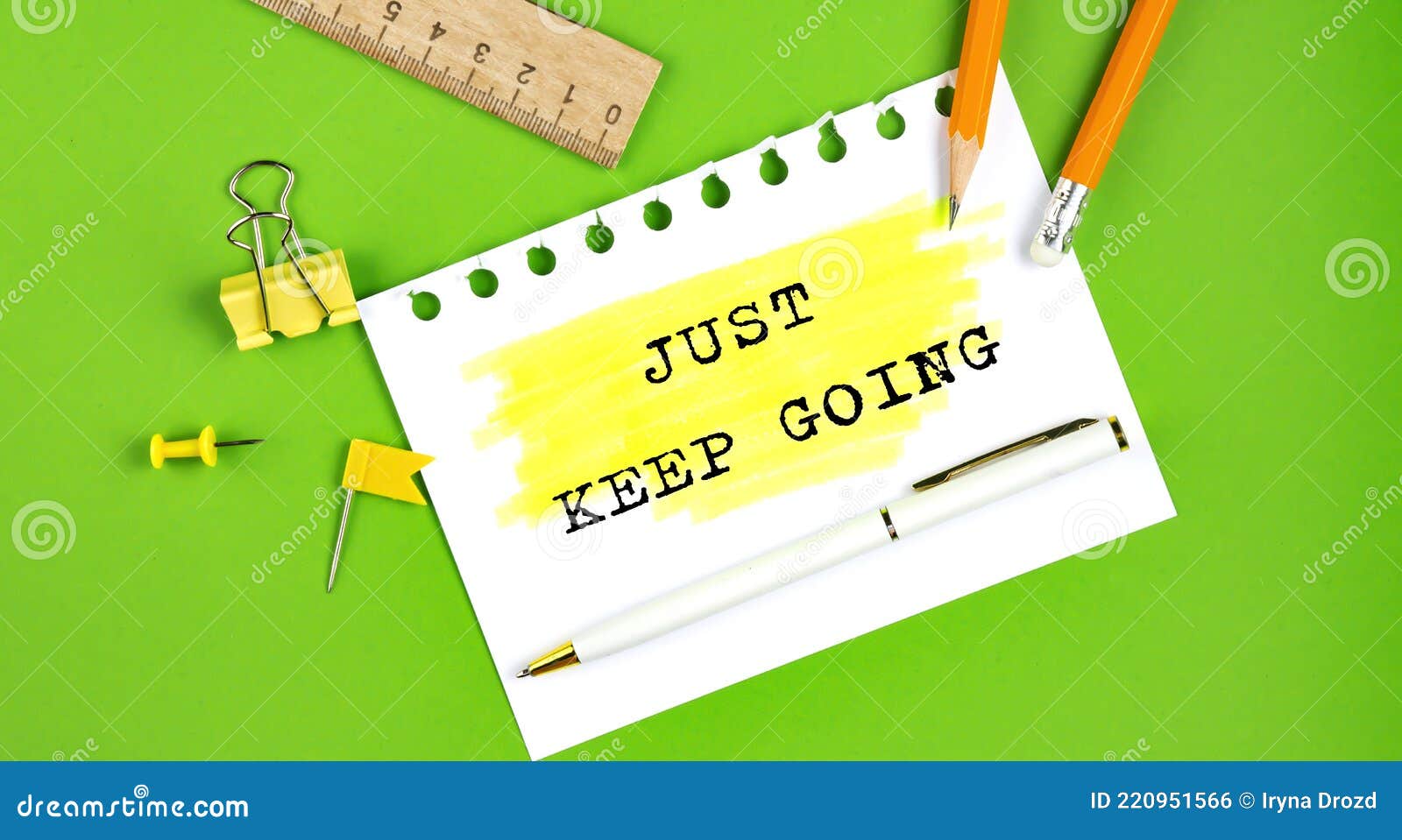 Text JUST KEEP GOING Sign Showing on Green Background with Office Tools ...