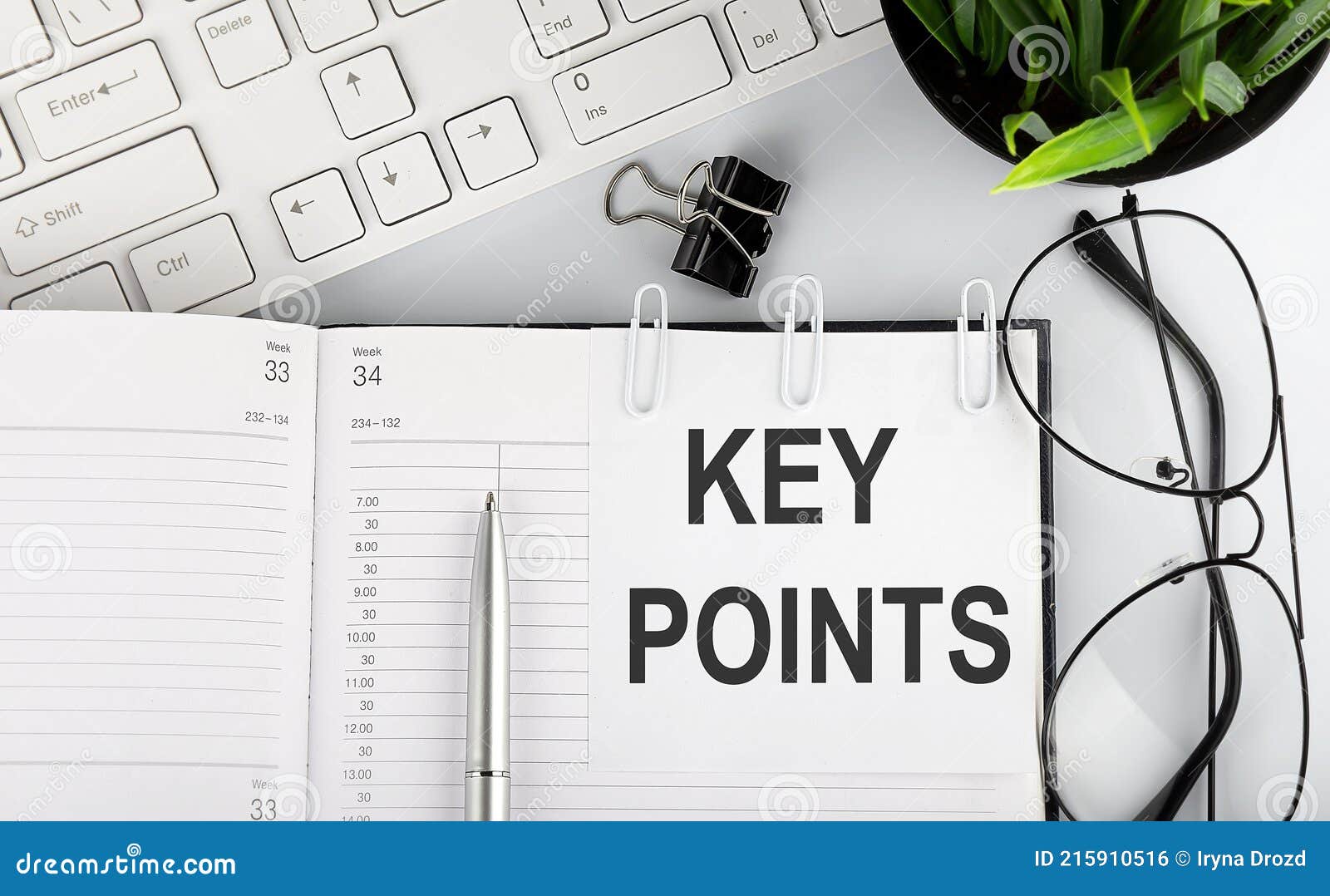 Text KEY POINTS on White Stickers on Notebook with Keyboard and Glasses ...