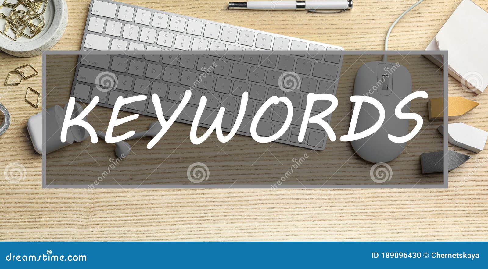 Text KEYWORDS Over Workplace with Keyboard and Stationery, Flat Lay ...