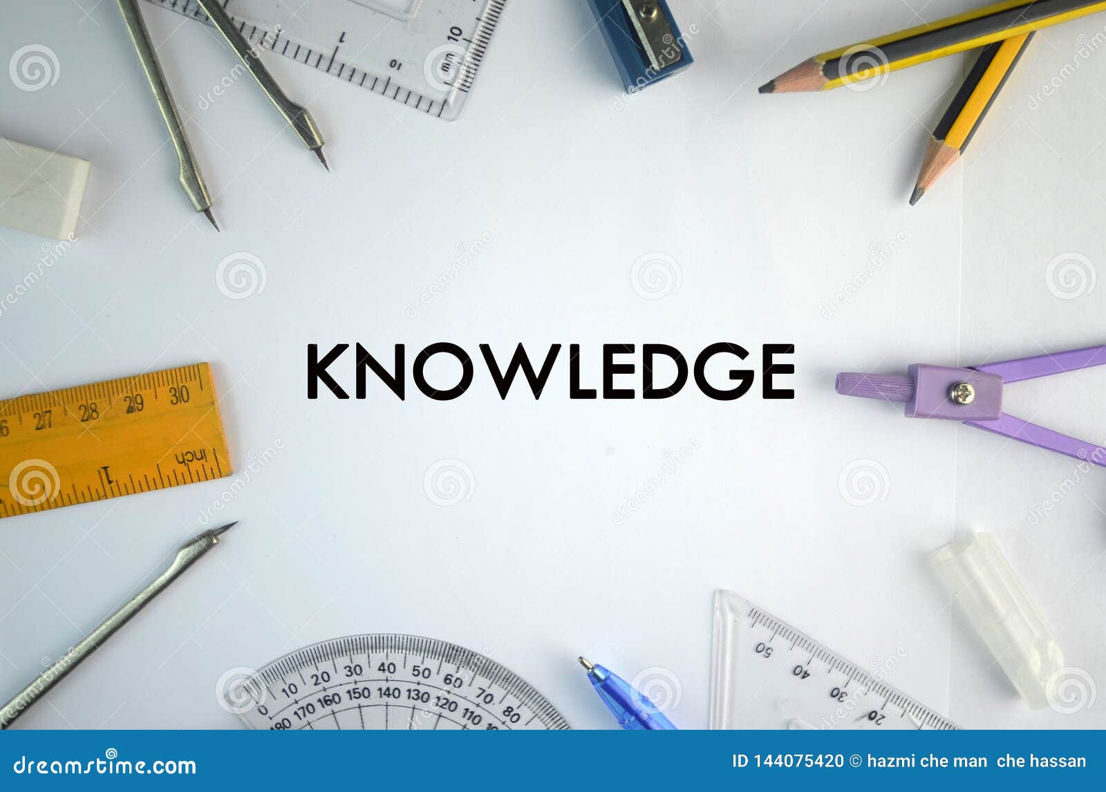 Text Knowledge with Stationery on White Background Stock Photo - Image ...
