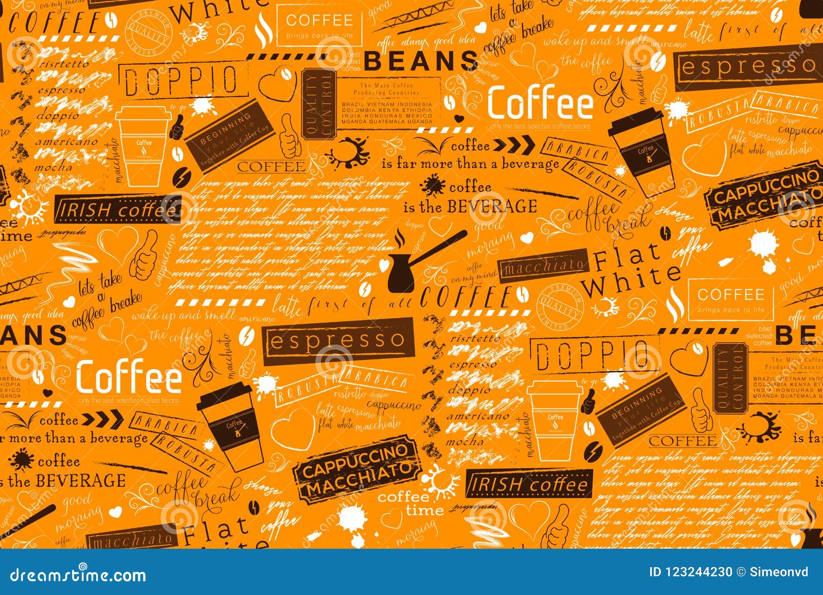 Text Lettering of Coffee and Cafe Terms Background. Seamless Vector ...
