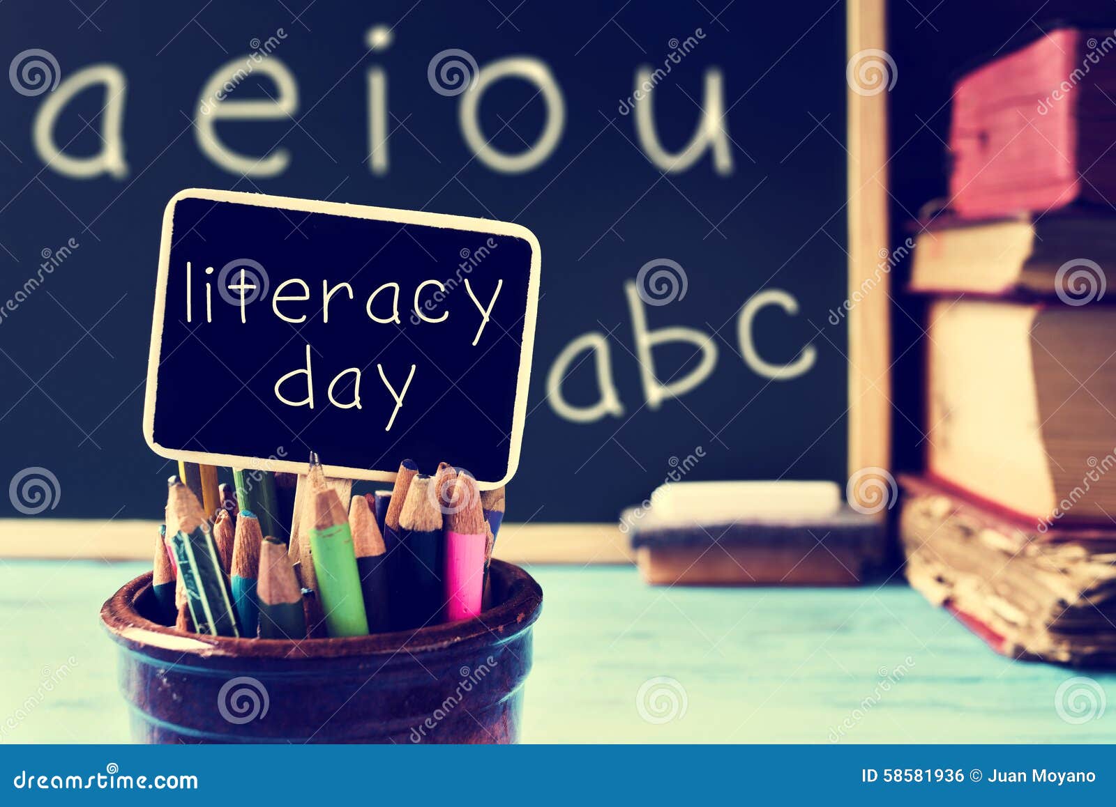 Text Literacy Day in a Chalkboard, in a Classroom, Filtered Stock Photo ...