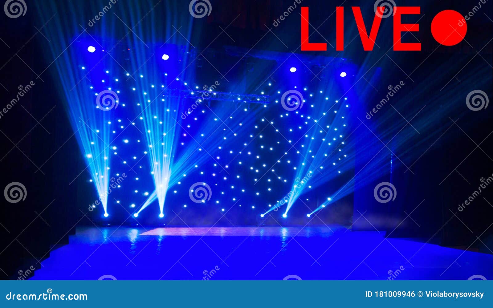 Text LIVE and Red Circle on Blurred Show Background. Empty Stage and ...