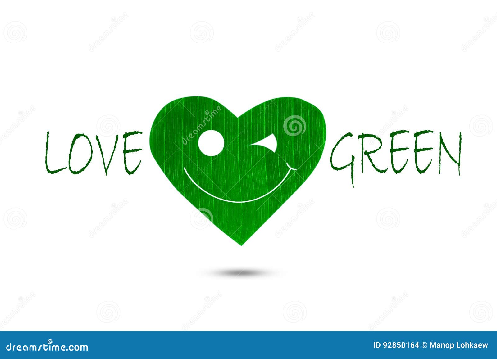 Text Love Green with Green Smiling Heart Shaped Leaf on White ...