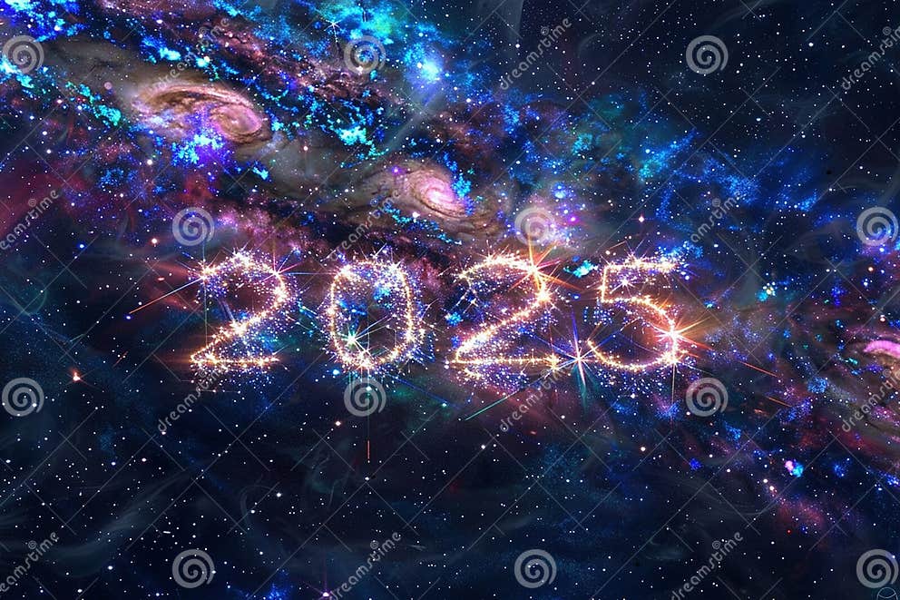The Text "2025" Made of Glow Tinsels, Interstellar Galaxy in the ...