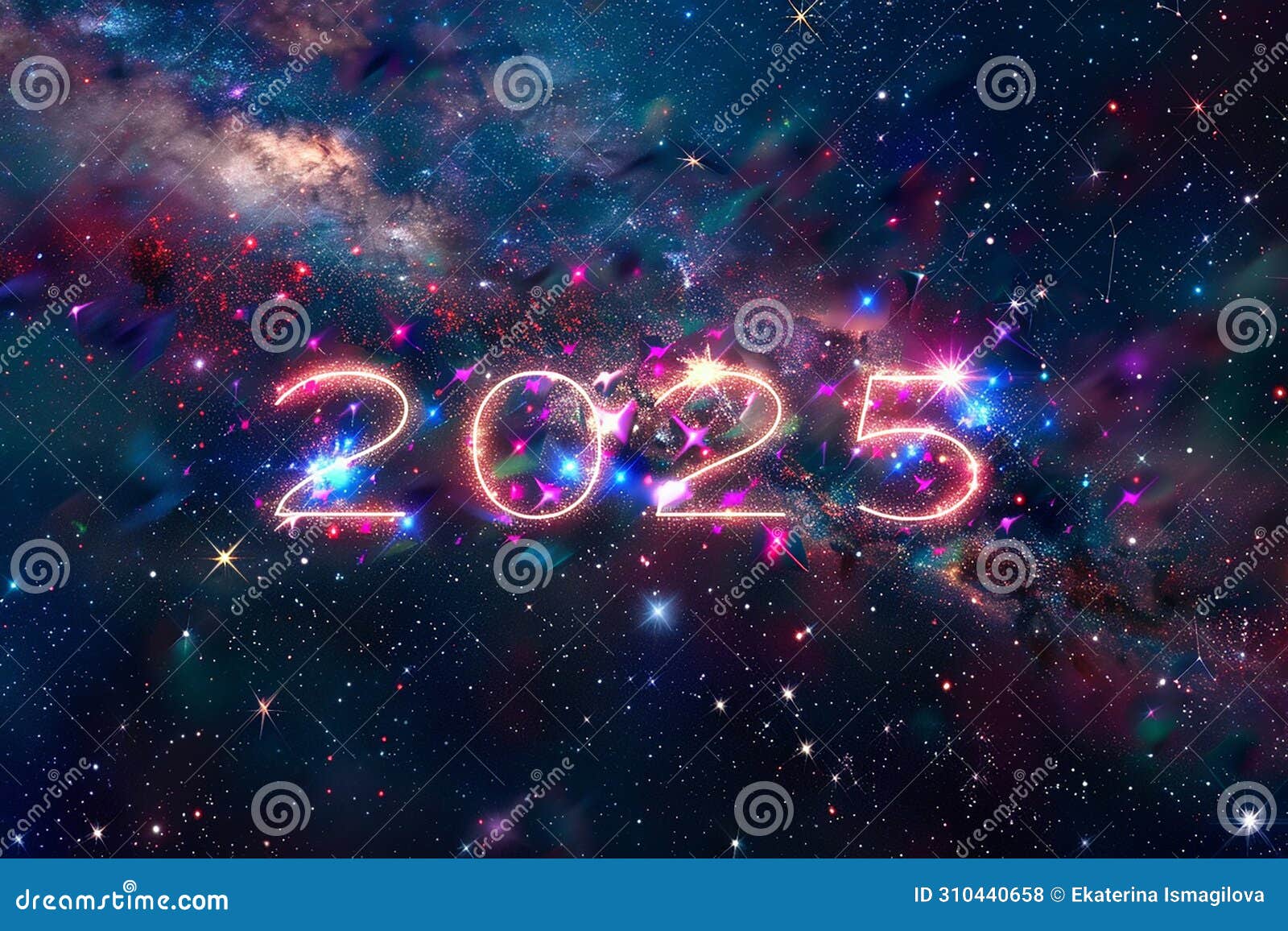 The Text "2025" Made of Glow Tinsels, Interstellar Galaxy in the ...