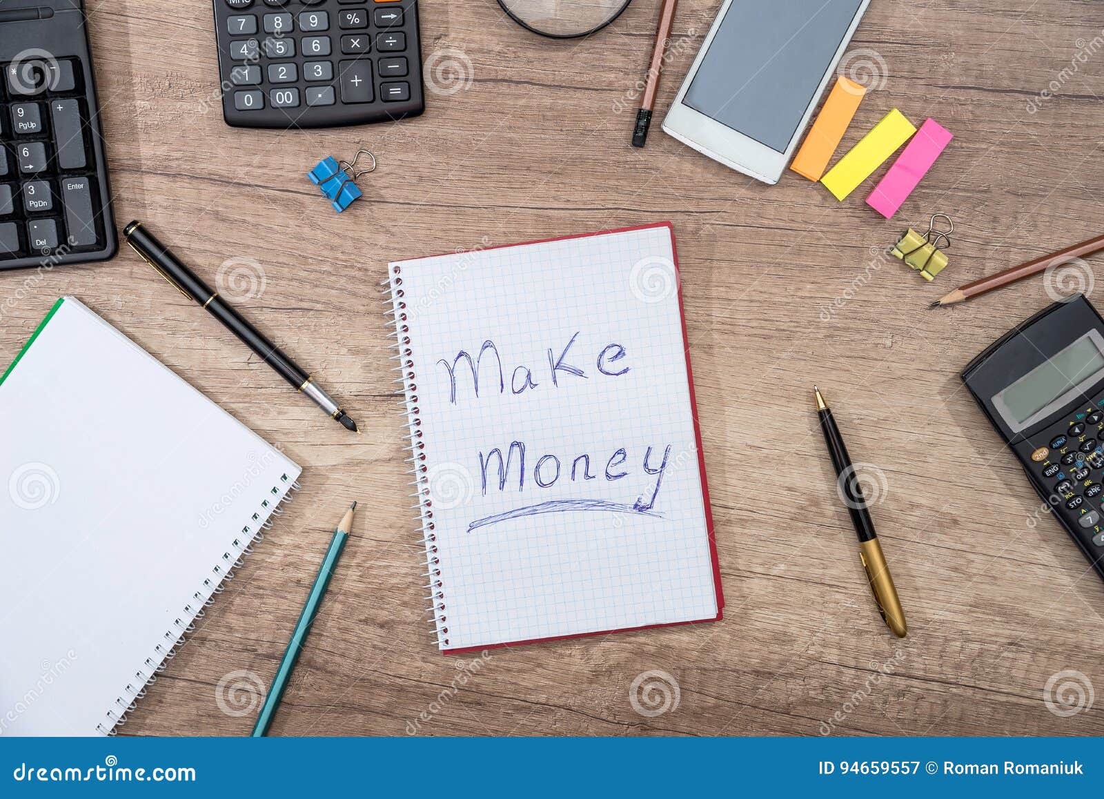 Text Make Money on Notepad with Smartphone Keyboard, Pen, Calculator ...