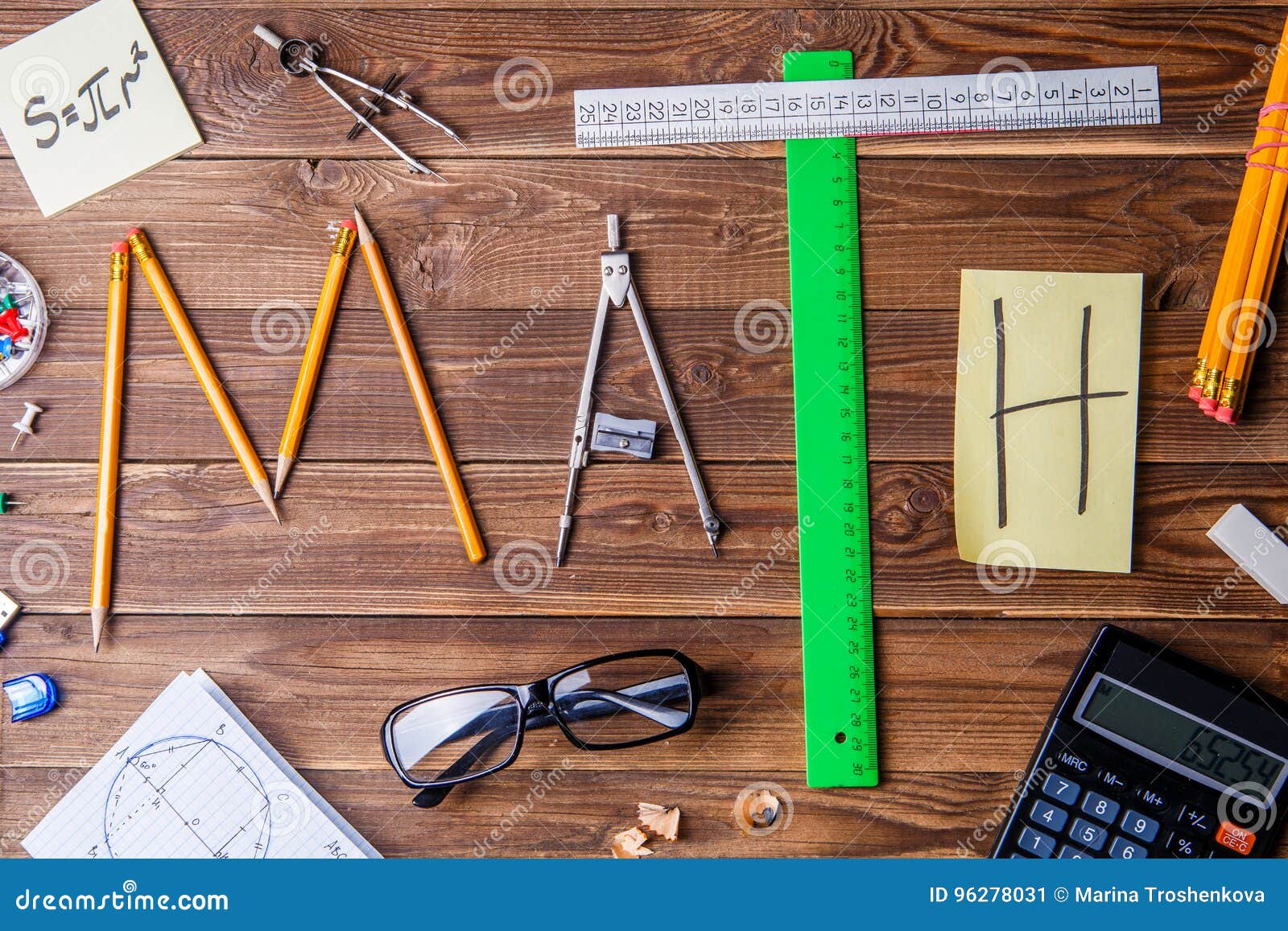 Text Math Composed of Pencils, Rulers, Circular, Sharpener and Sticker ...