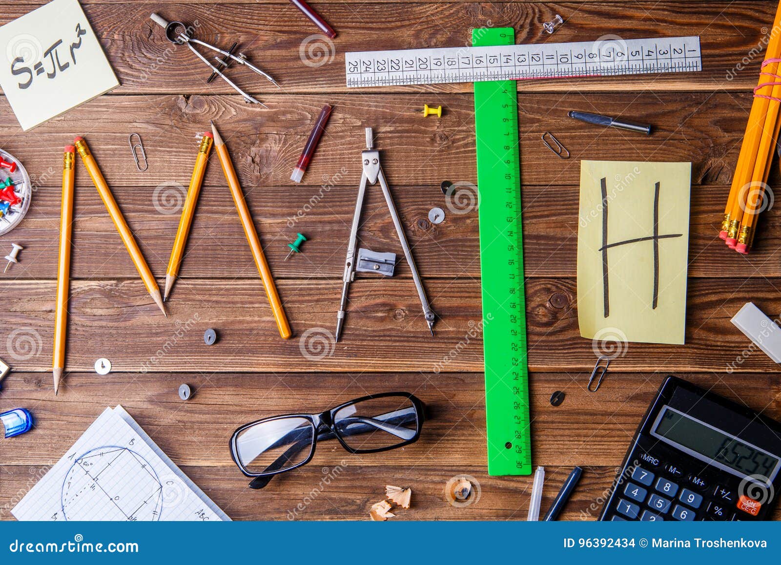 Text Math Composed of Pencils, Rulers, Circular, Sharpener and Sticker ...