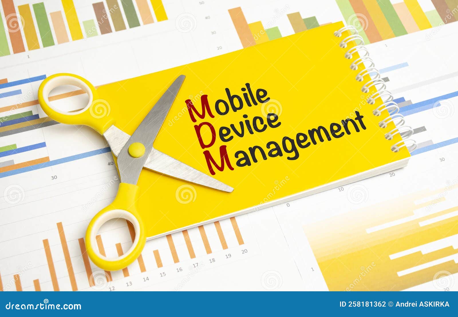Text MDM As MOBILE DEVICE MANAGEMENT on Yellow Notebook and Calculator ...