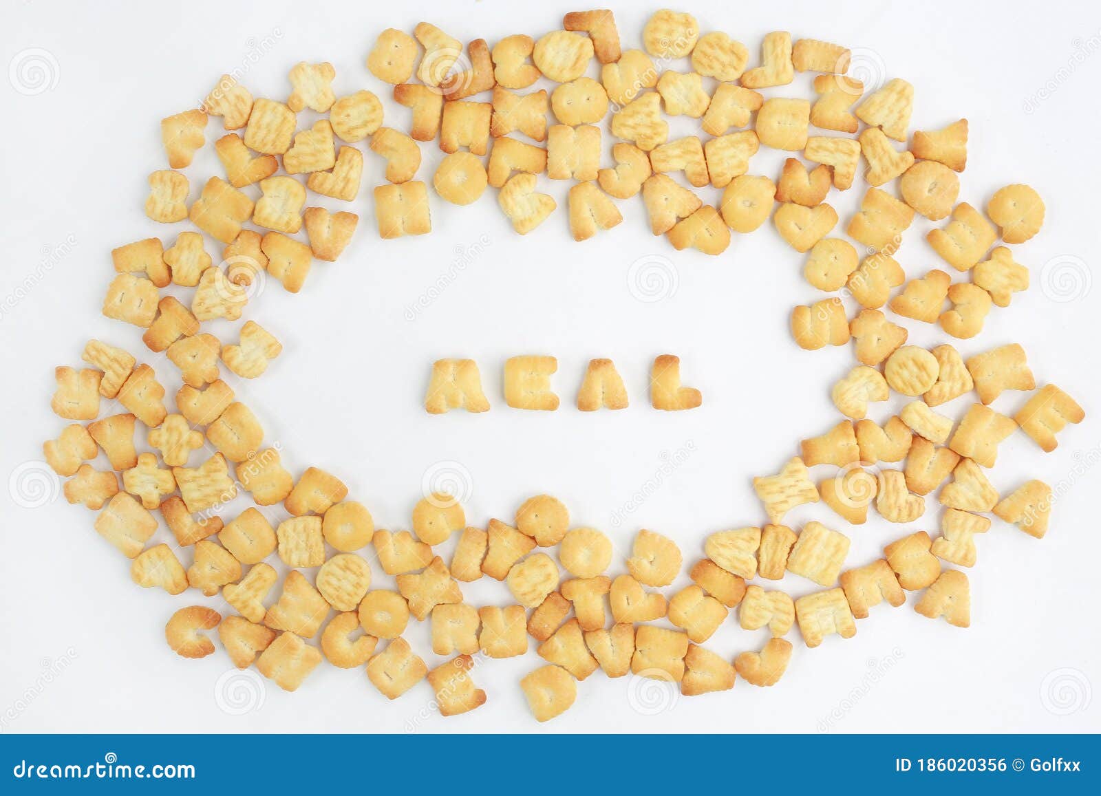 Text `MEAL` at Center and Around from English Alphabet Cracker on White ...