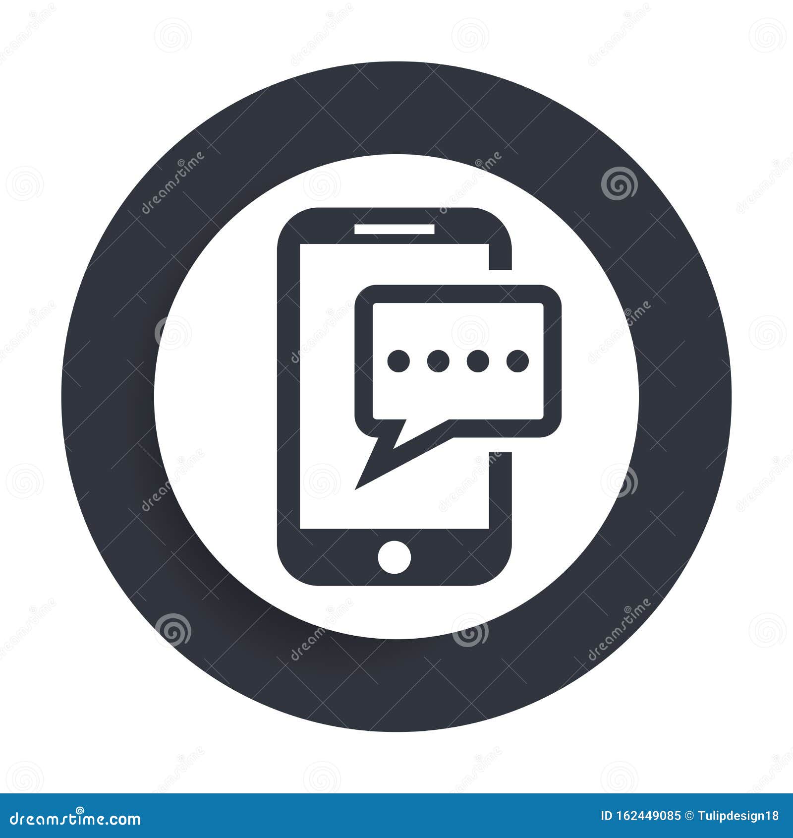 Text Message Phone Icon Flat Vector Round Button Clean Black and White ...