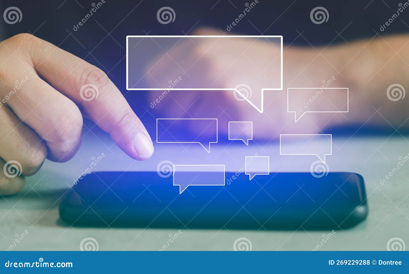 Text Messages in Cellphone Screen with Abstract Hologram Speech Bubbles ...