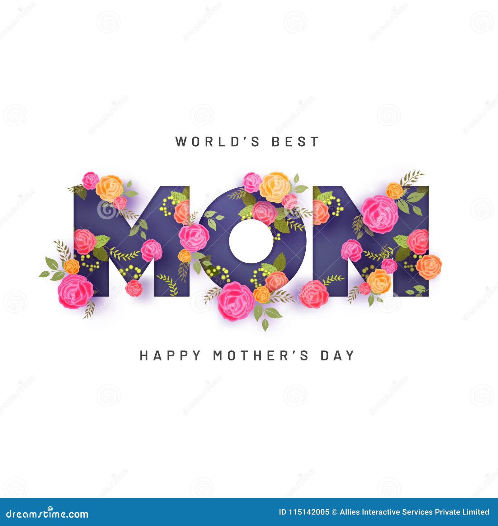 Text Mom Decorated With Beautiful Colorful Flowers On White Background