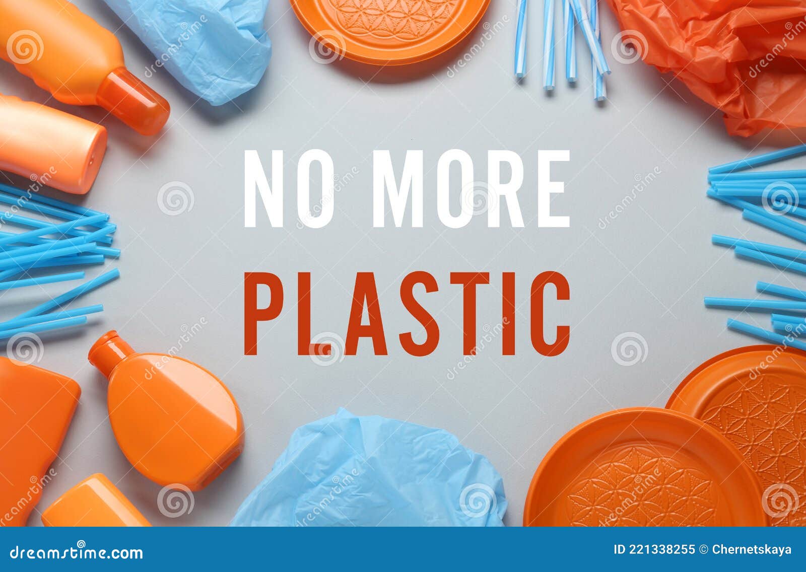 Text NO MORE PLASTIC and Different Disposable Items on Grey Background ...
