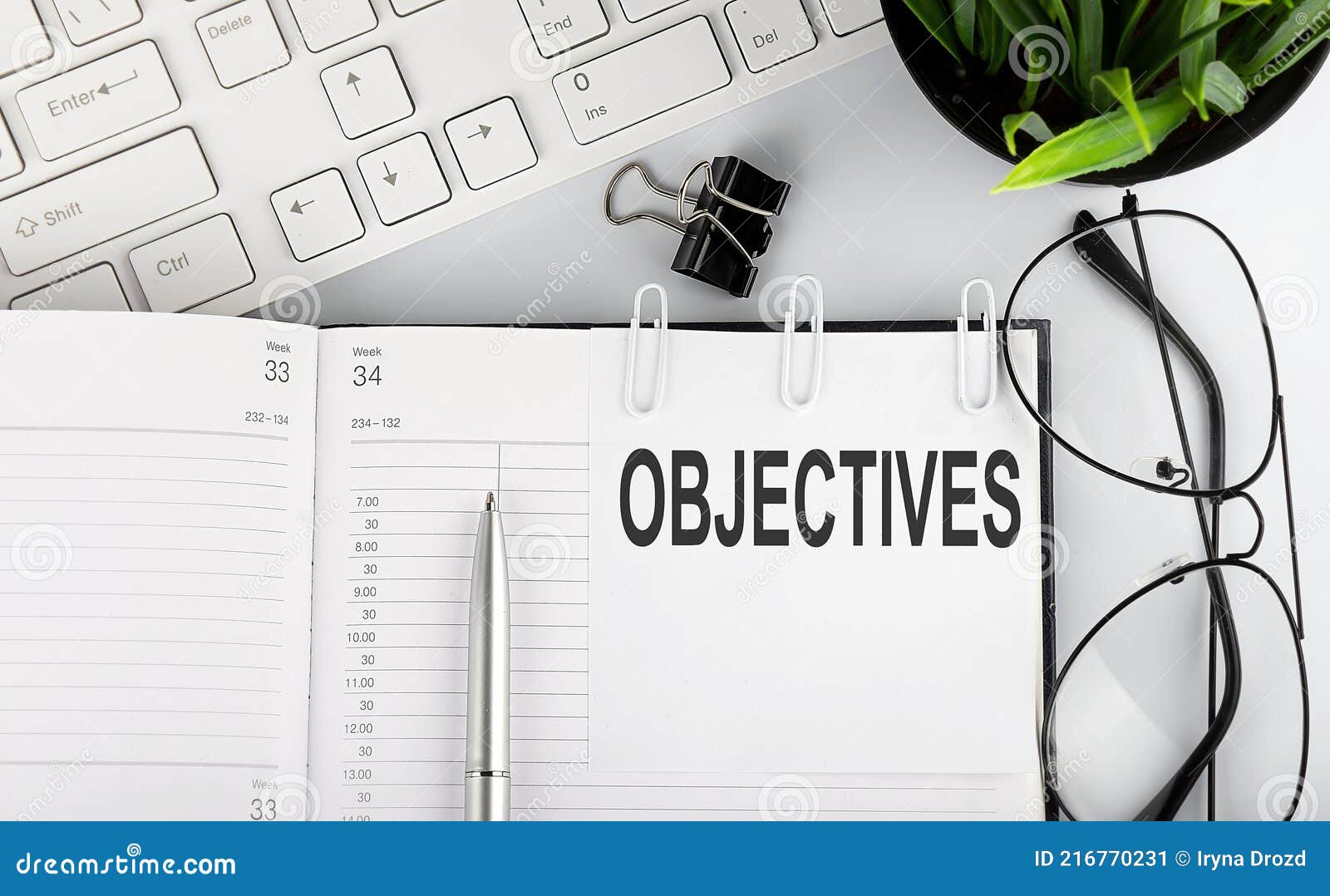 Text OBJECTIVES on White Stickers on the Notebook with Keyboard and ...