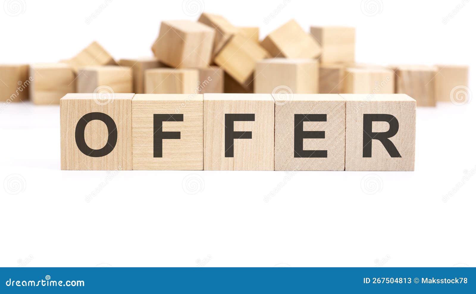 Text OFFER Made of Wooden Cubes and Different Words on White Background ...