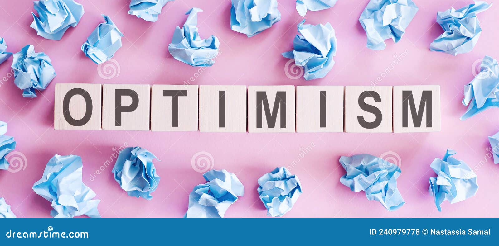 Text Optimism in White Cubes on Pink Background Stock Photo - Image of ...