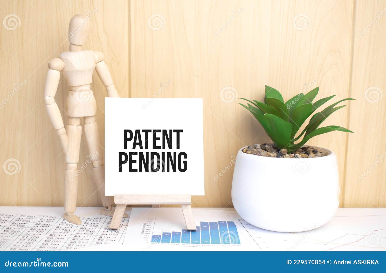 Text Patent Pending on Easel with Office Tools and Paper.Top View Stock ...