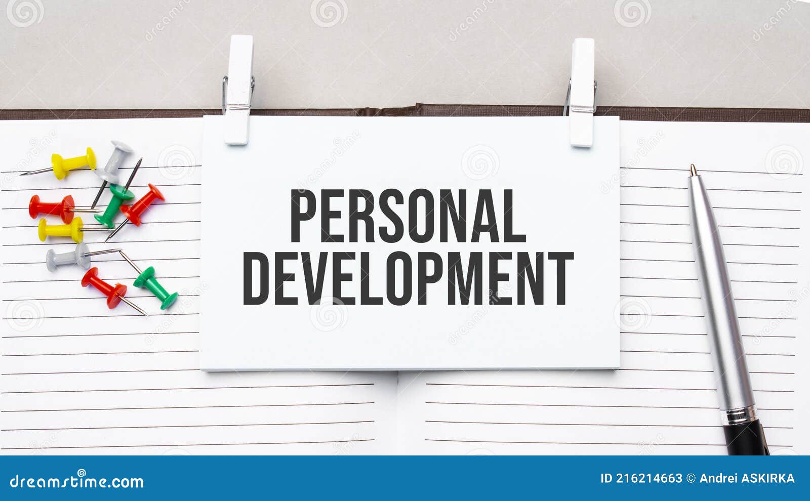 Text Personal Development on Stickers on the Diary with Office Tools ...