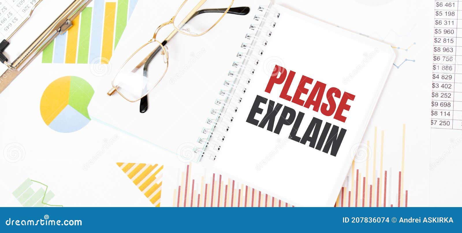 Text PLEASE EXPLAIN on White Notepad, Glasses, Graphs and Diagrams ...