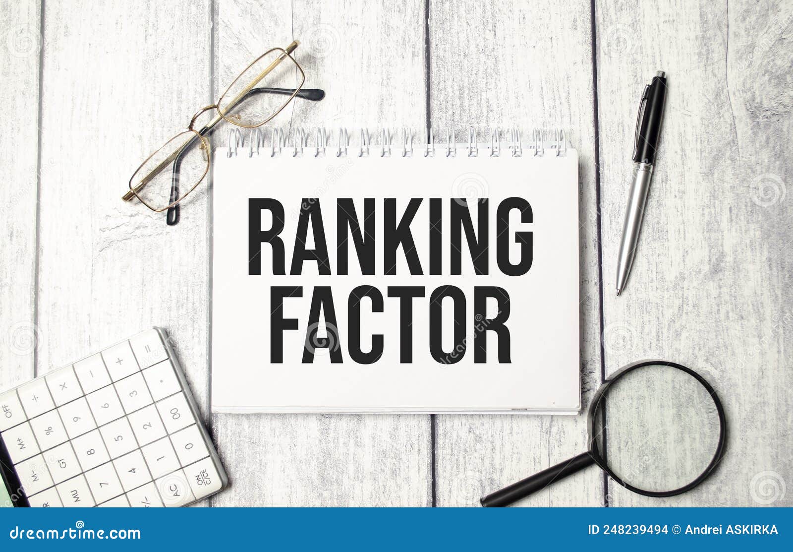 Text RANKING FACTOR with Calculator, Pen and Magnifier Stock Photo ...