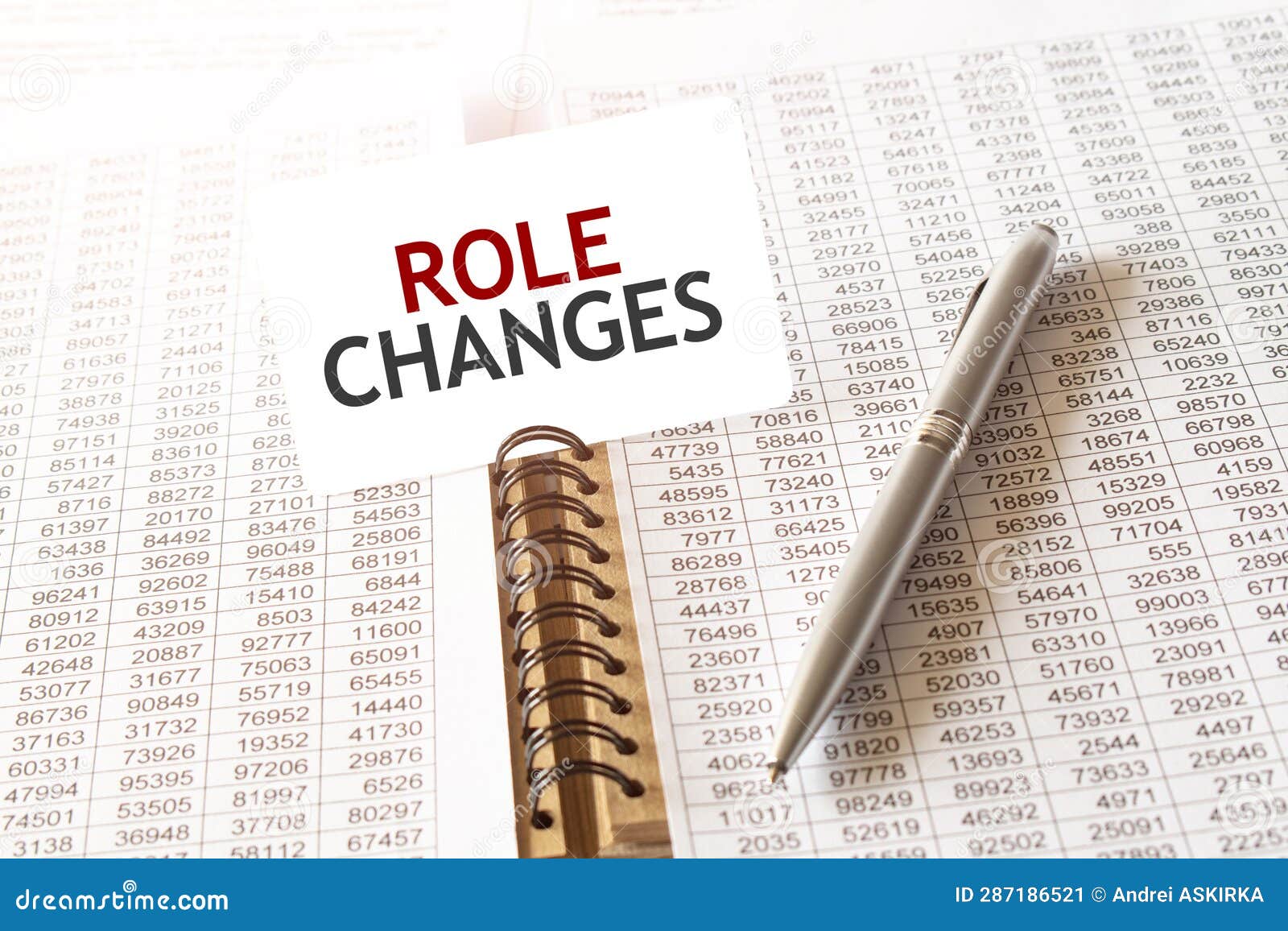 Text ROLE CHANGEs on Paper Card, Pen, Financial Documentation on Table ...