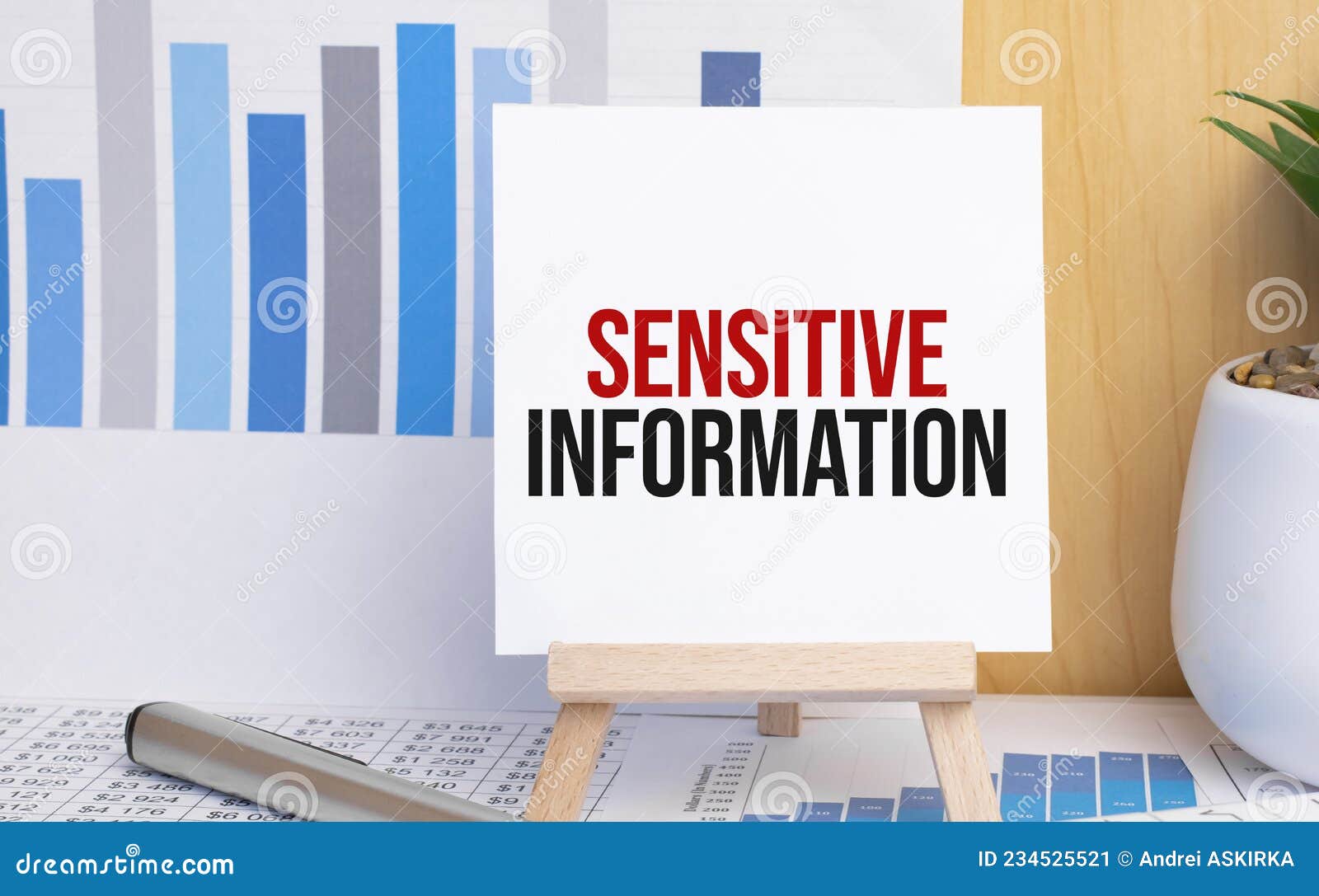 Text Sensitive Information on Easel with Office Tools and Paper.Top ...