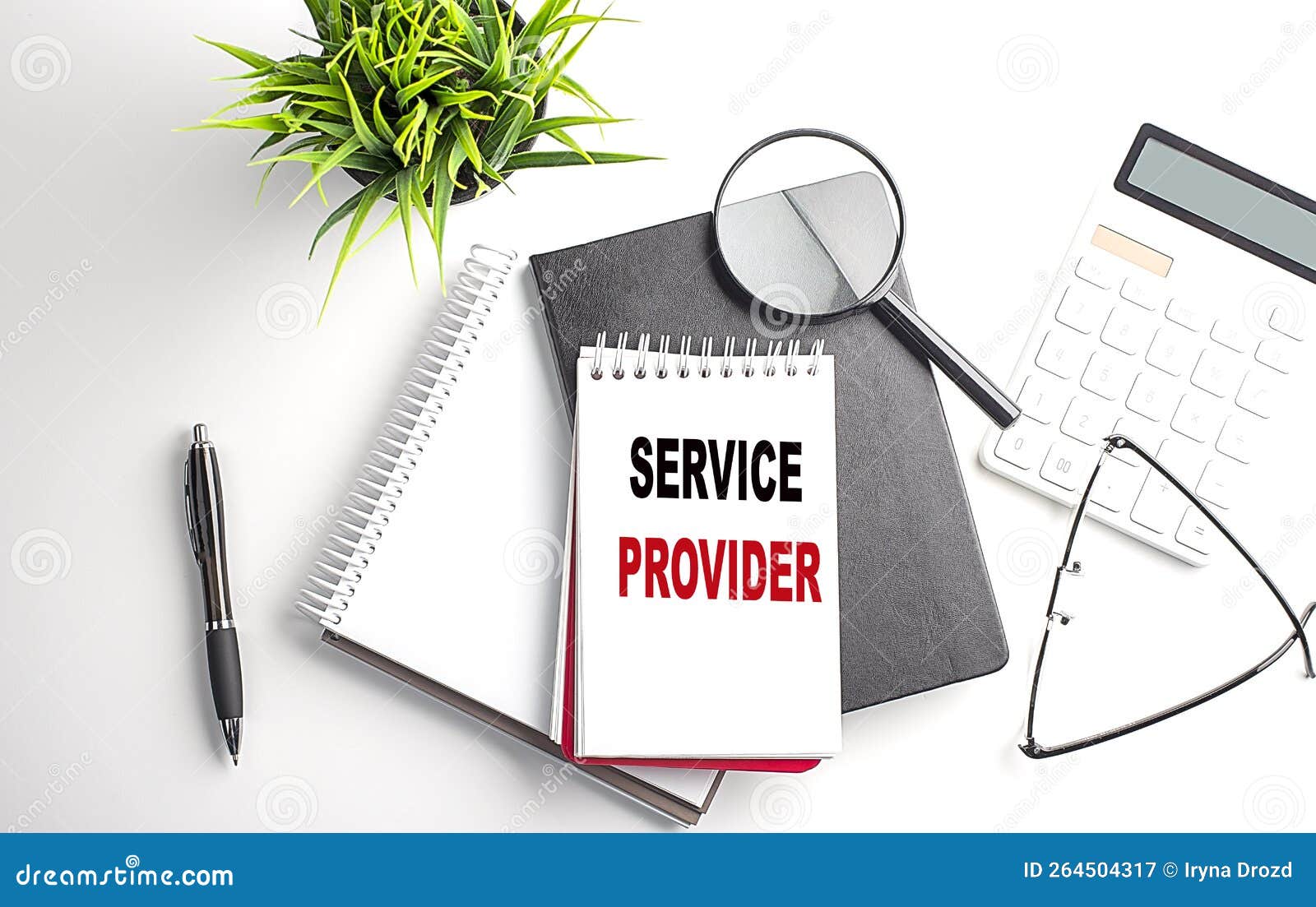 Text SERVICE PROVIDER on Notebook with Office Tools on White Background ...