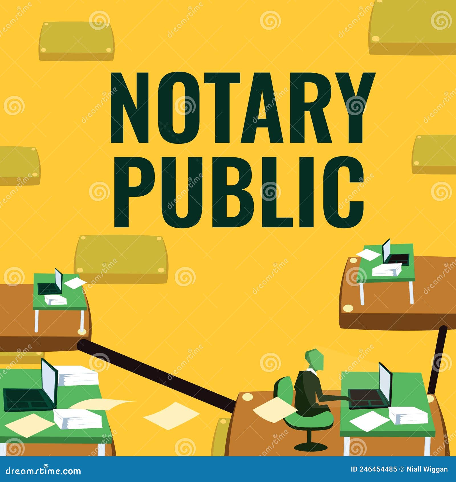 Notary Worker Character Sitting On Huge Rubber Stamper Working On ...