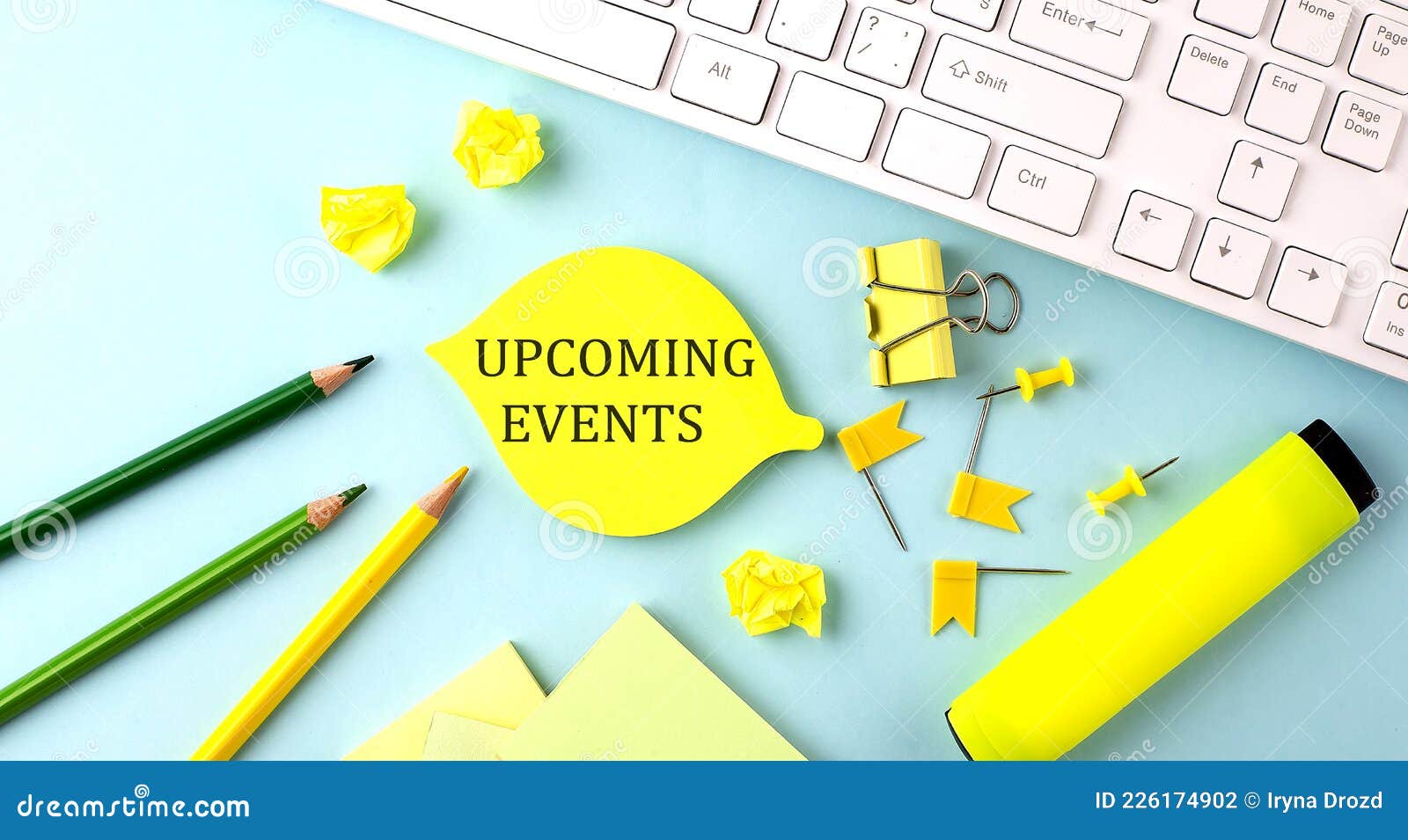 Text Sign Showing UPCOMING EVENTS with Office Tools and Keyboard on ...