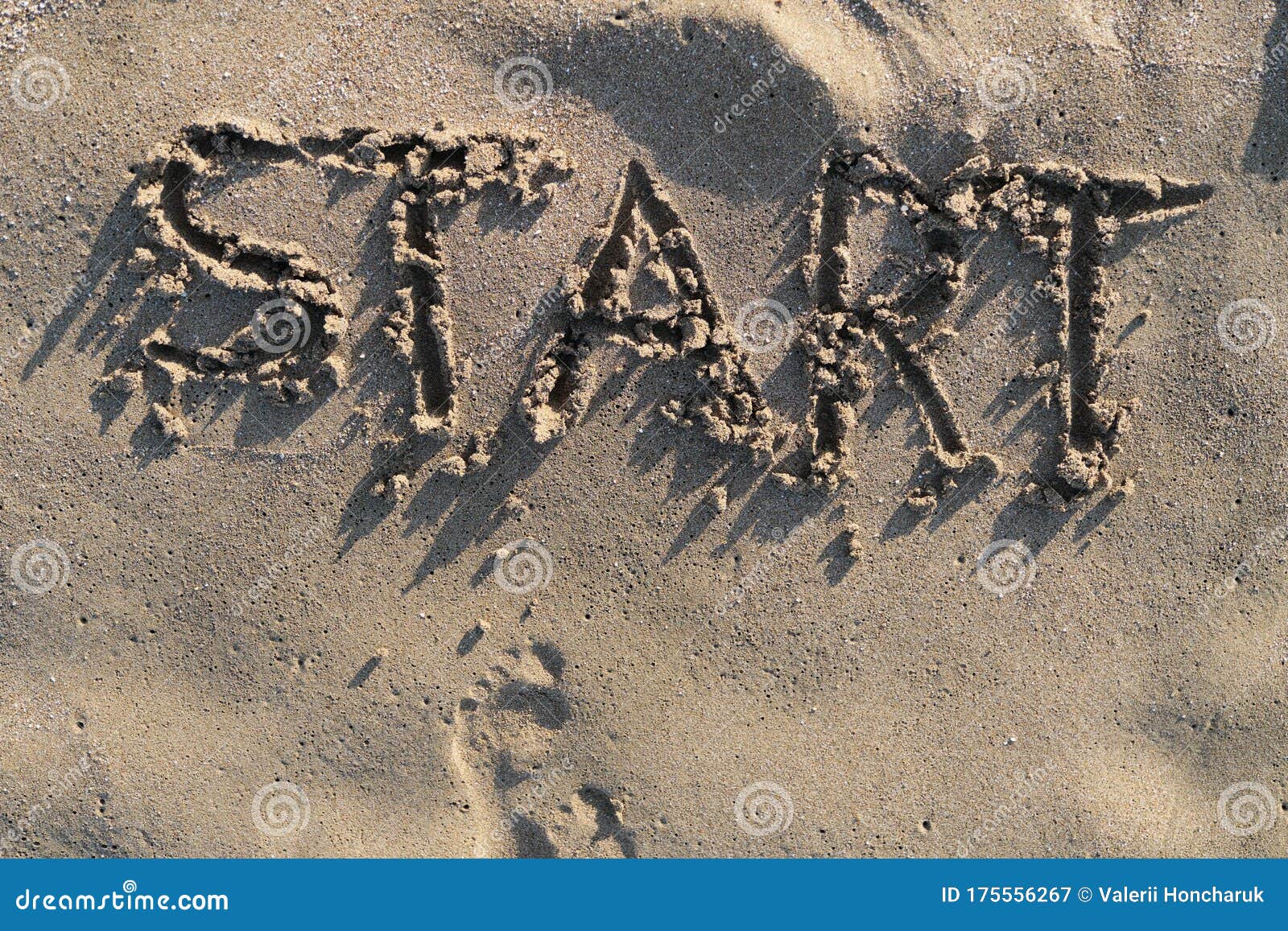 Text Start Written in Sand on Sea Beach and Bare Footprints Facing the ...