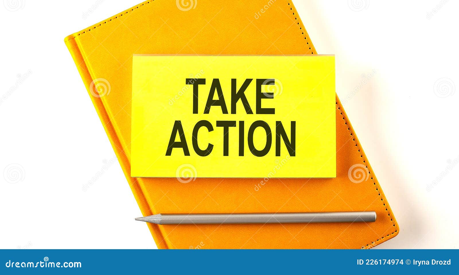 Text TAKE ACTION on Sticker on the Yellow Notebook Stock Photo - Image ...