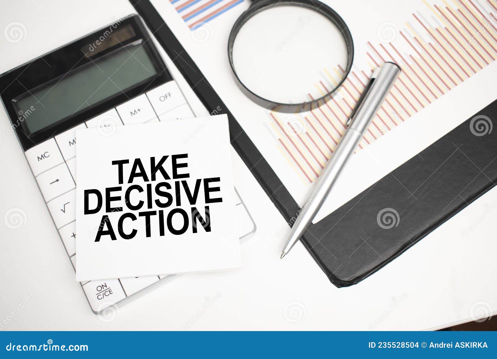Text TAKE DECISIVE ACTION on Easel with Office Tools and Paper.Top View Stock Illustration ...
