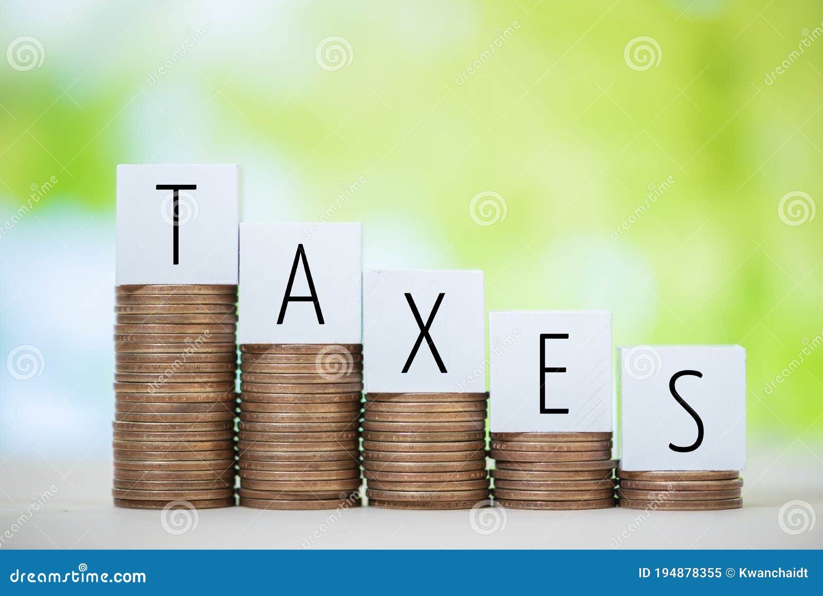 Text TAXES on Growing Down Stack of Coins Stock Image - Image of money ...