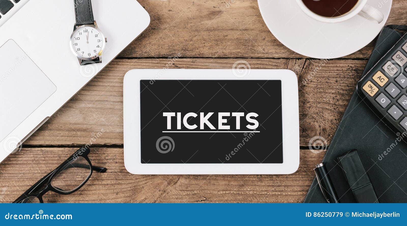 Text Tickets on Screen of Table Computer at Office Desk Stock Image ...
