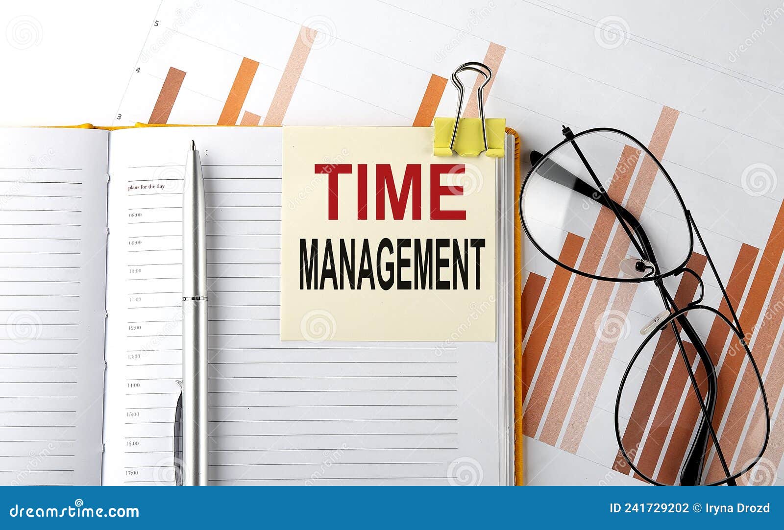 Text TIME MANAGEMENT on Sticker on the Notepad on Diagram Background ...