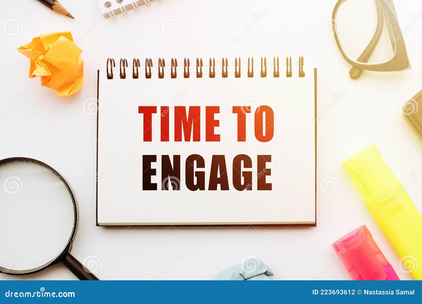 Text TIME TO ENGAGE in Notebook on White Table with Office Tools Stock ...